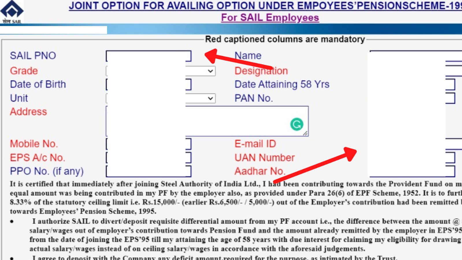 How To Fill Up SAIL EPS 95 Joint Option Form (Pension) Online - Dreamtrix Finance